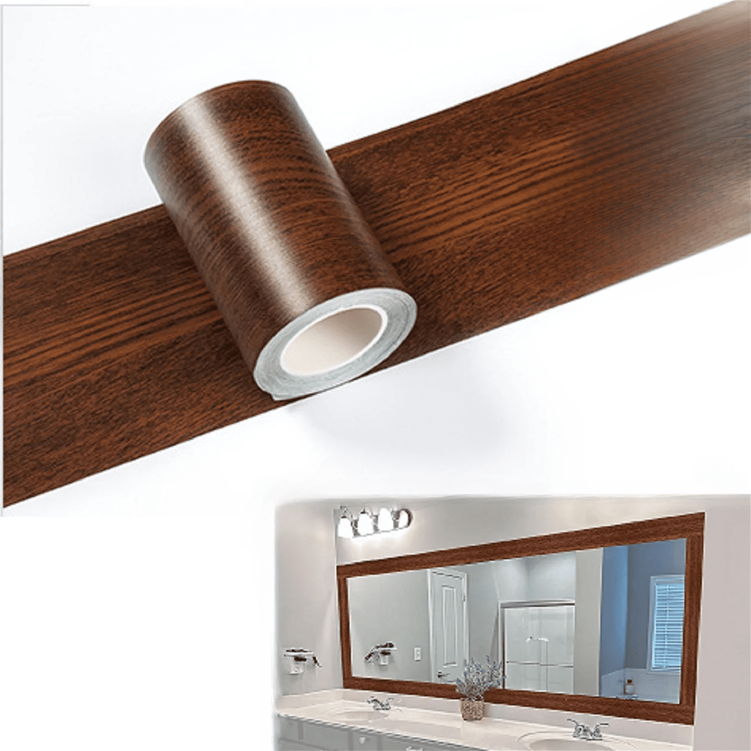Mirror Frame Border Brown Wood Grain Peel Sticker PVC for Bathroom Wall ...