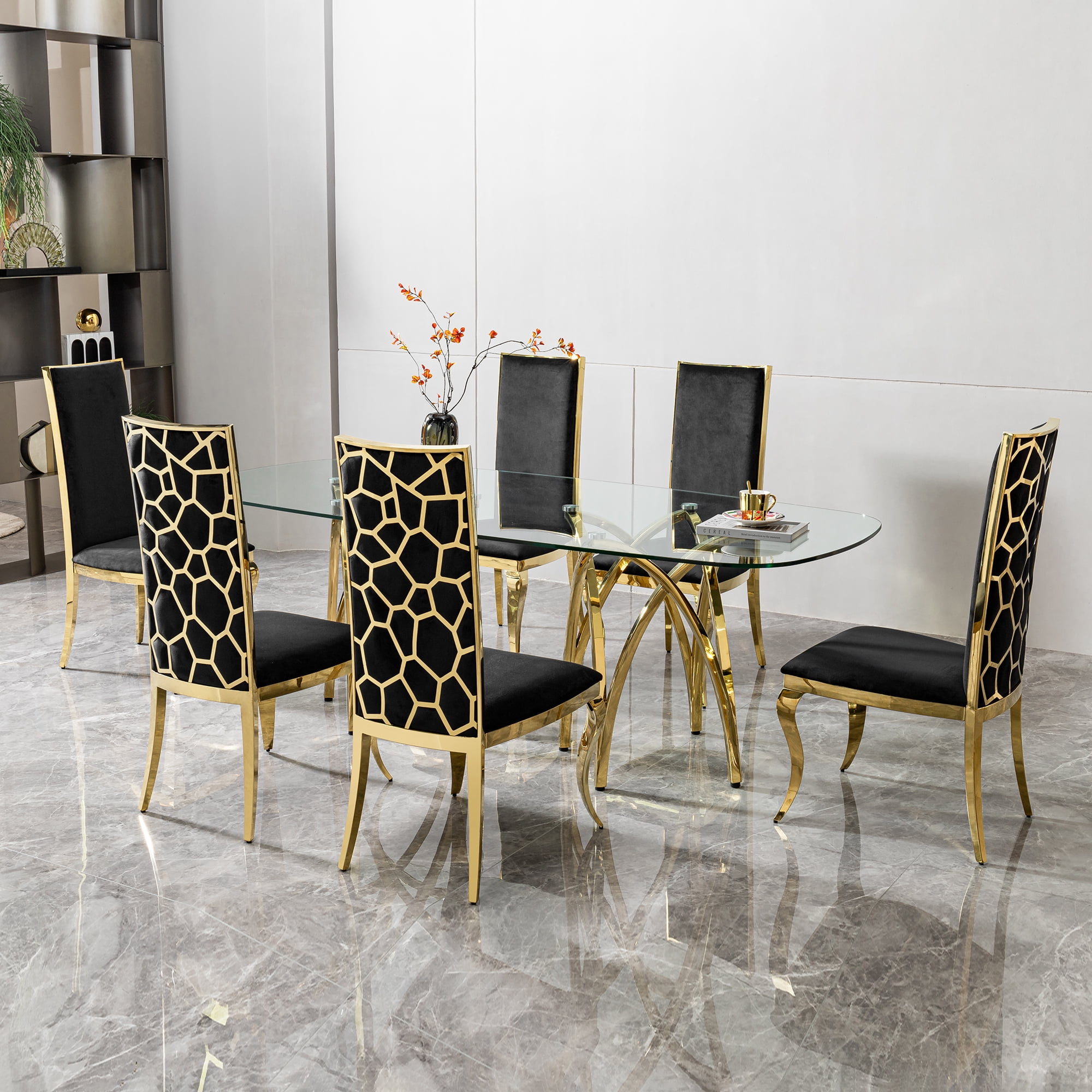 Mirror Gold Stainless Steel Glass Dining Table And Dining Chair ,Set Of ...
