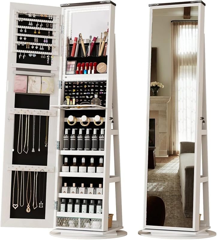 Mirror Jewelry Cabinet Standing, 360 ° Swivel Jewelry Organizers and ...