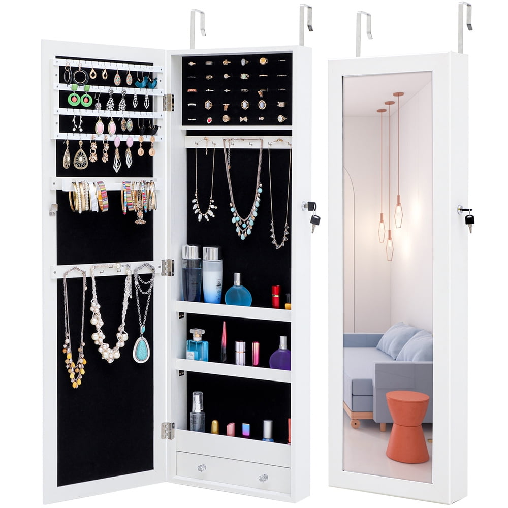 Mirror Jewelry Storage Cabinet, Lockable Jewelry Armoire with Full ...