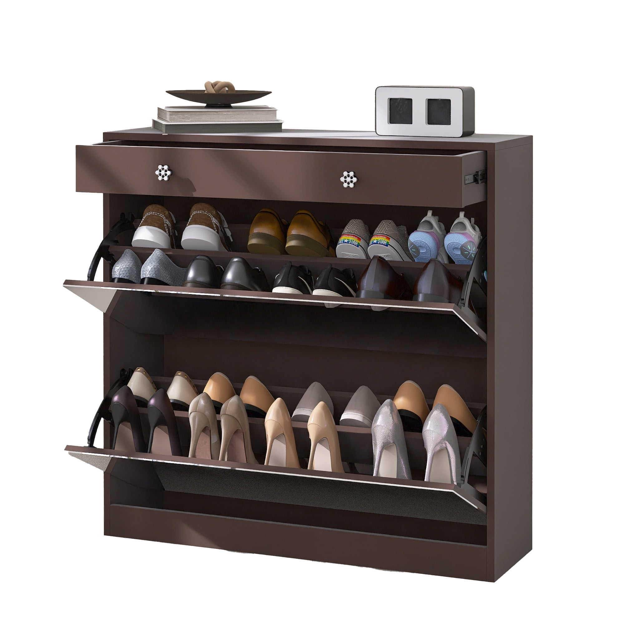 Mirror Shoe Cabinet with 2 Tier Drawers, Mirror Shoe Rack With 1 Drawer ...