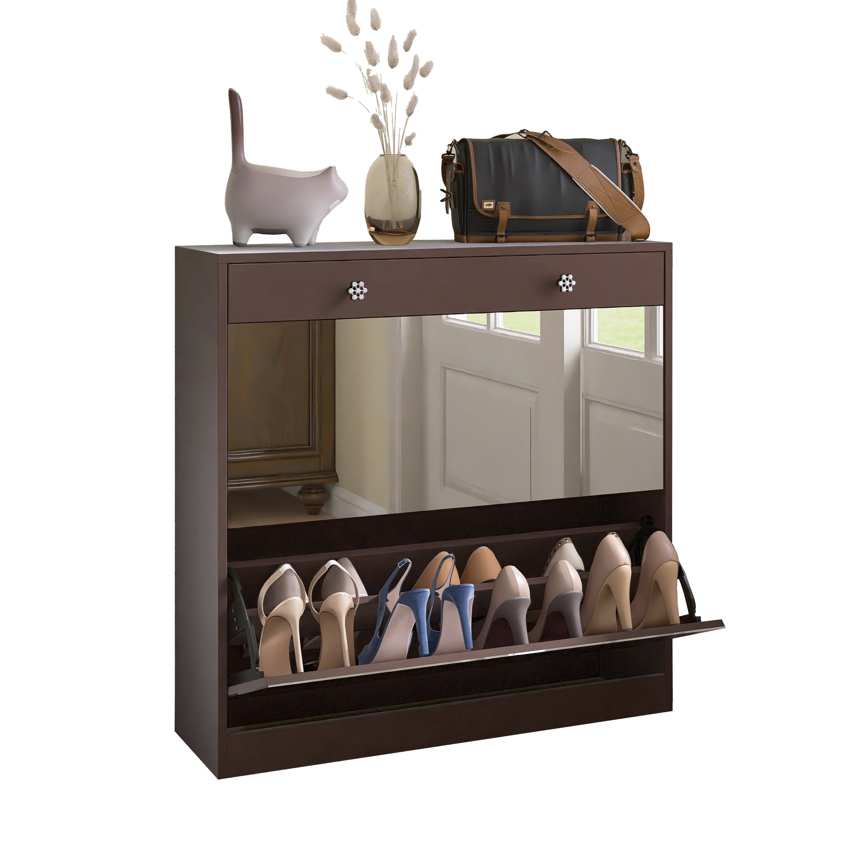 Mirror Shoe Cabinet with 2 Tier Drawers, Mirror Shoe Rack With 1 Drawer ...