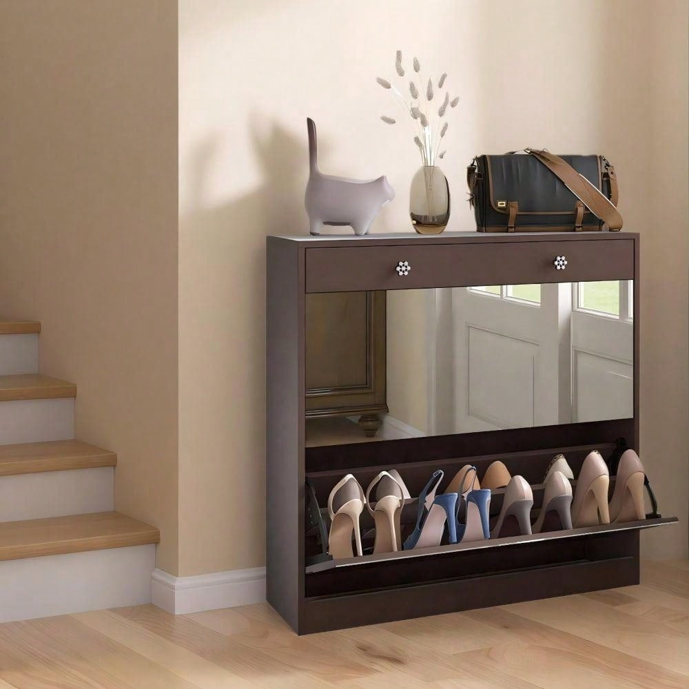 Mirror Shoe Cabinet with 2 Tier Drawers, Mirror Shoe Rack With 1 Drawer ...