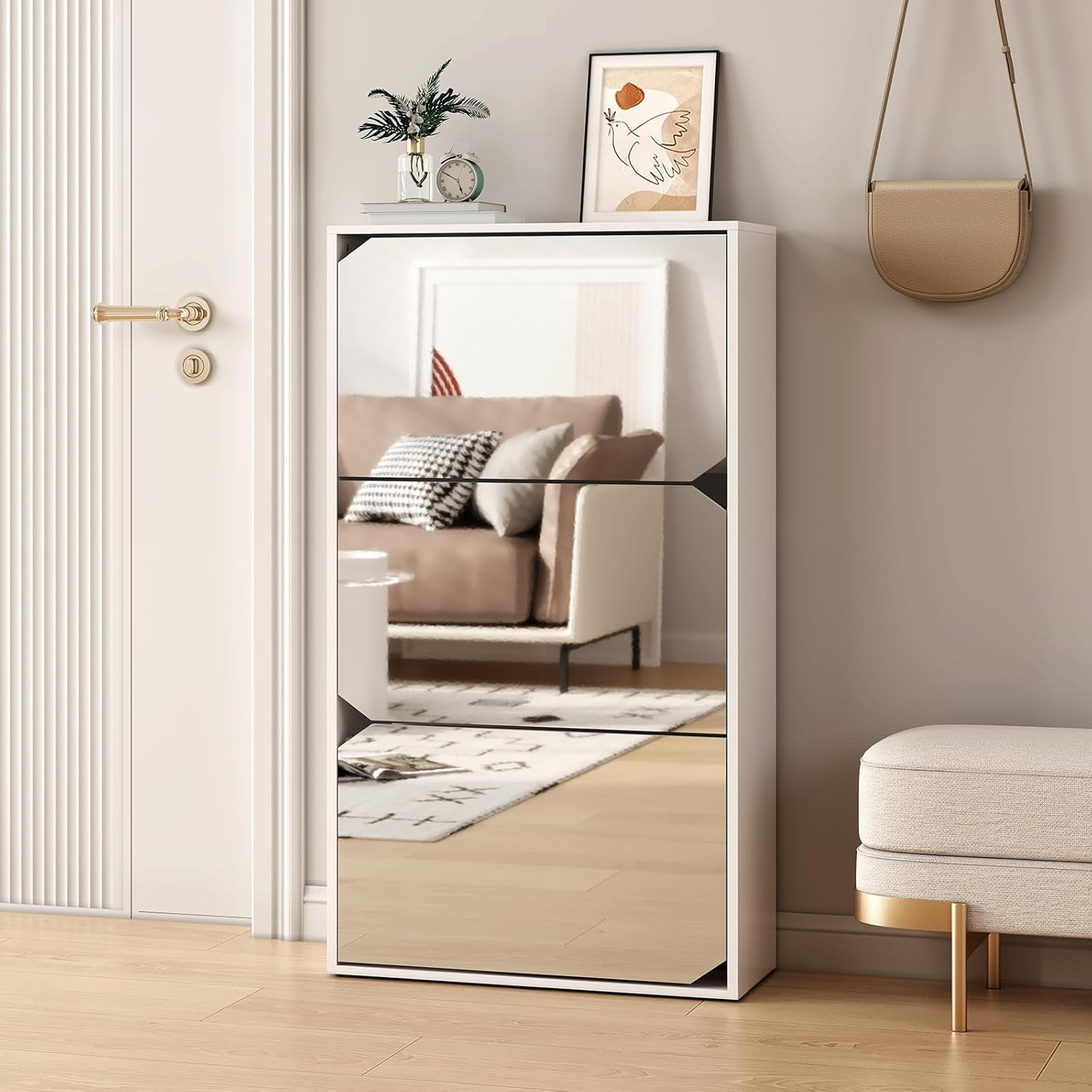 Mirror Shoe Cabinet with 3 Flip Drawers,Freestanding Shoe Cabinet ...