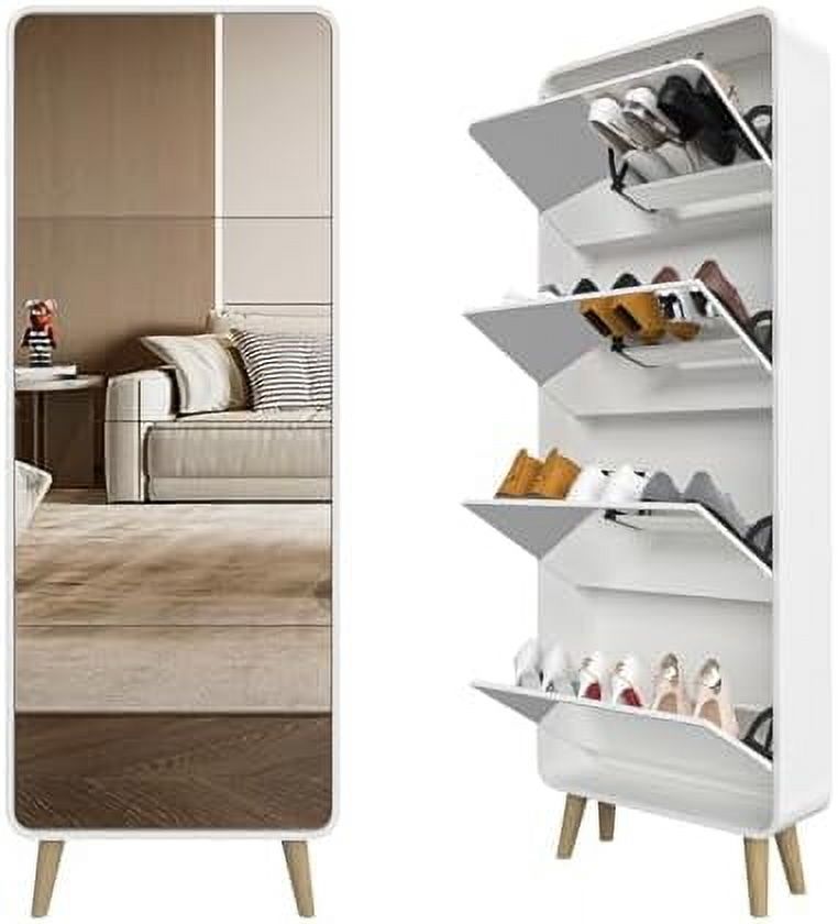 Mirror Shoe Cabinet with 4 Flip Drawers, Wooden Shoe Organizer with ...