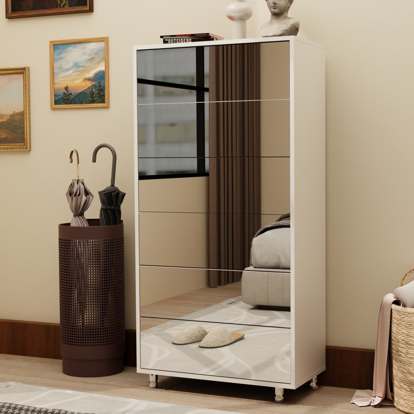 Mirror Shoe Cabinet with 6 Flip Drawers, Mirror Shoe Rack with Flip-Out ...