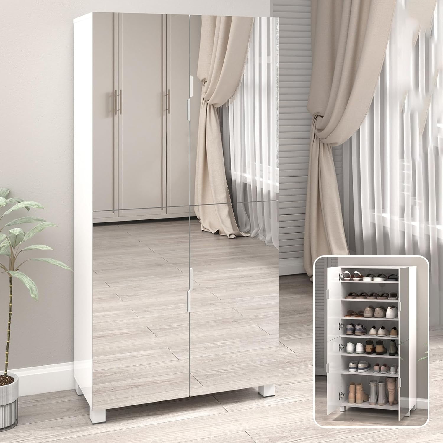 Mirror Shoe Cabinet Entryway with Doors, Tall Enclosed Shoe Storage ...
