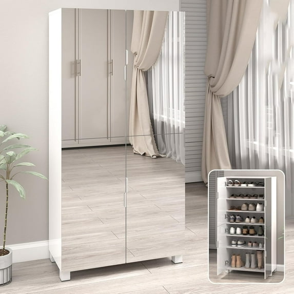Mirror Shoe Cabinet Entryway with Doors, Tall Enclosed Shoe Storage ...