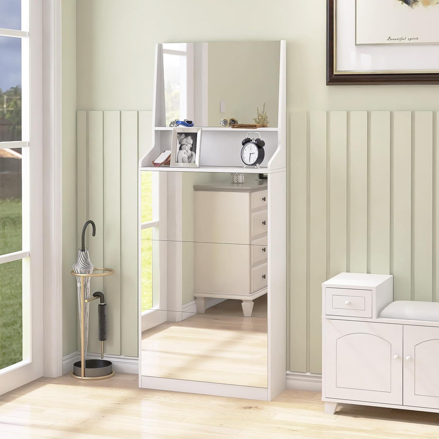 Mirror Shoe Cabinet for Entryway, Narrow Shoe Storage Cabinet with 3 ...