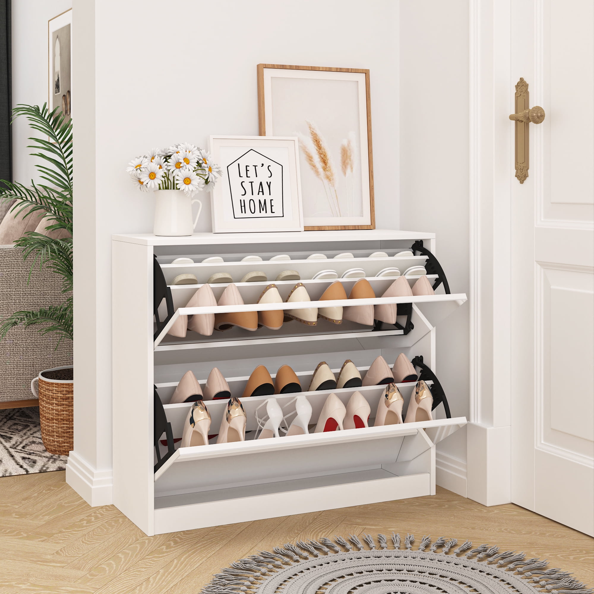 Mirror Shoe Cabinet, Modern Hidden Shoe Storage Cabinet With 2 Flip ...