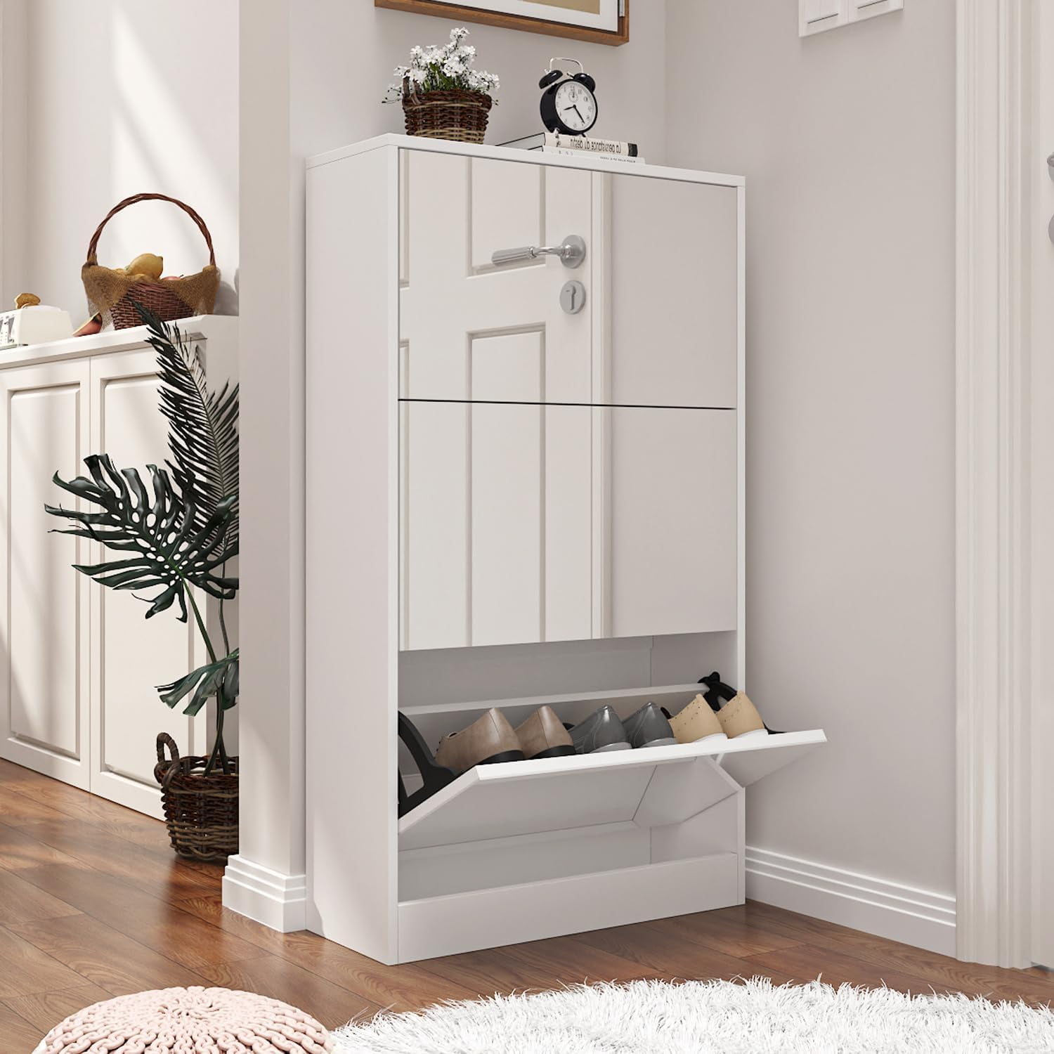 Mirror Shoe Cabinet with 3 Flip Drawers, Freestanding Shoe Storage ...