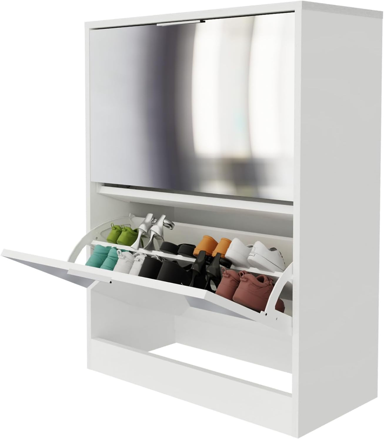 Mirror Shoe Storage Cabinet with 2 Flip Drawers, Shoe Organizer Cabinet ...