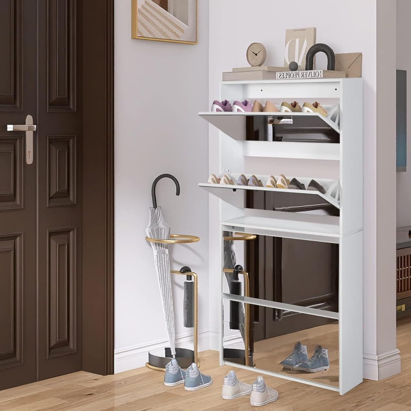 Mirror Shoe Storage Cabinet for Entryway Slim, White Wood Shoe Rack ...