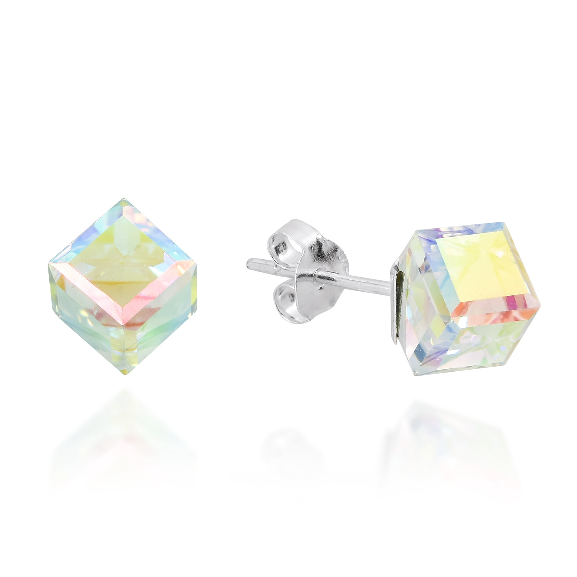 Mirror Tint Crystal Prism Cube .925 Sterling Silver Stud Earrings ...