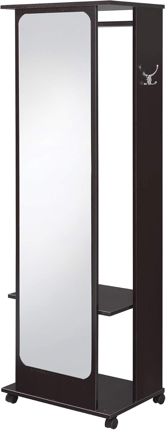 Mirror and Wood Hall Tree with Hanging Rod and Casters, Brown and ...
