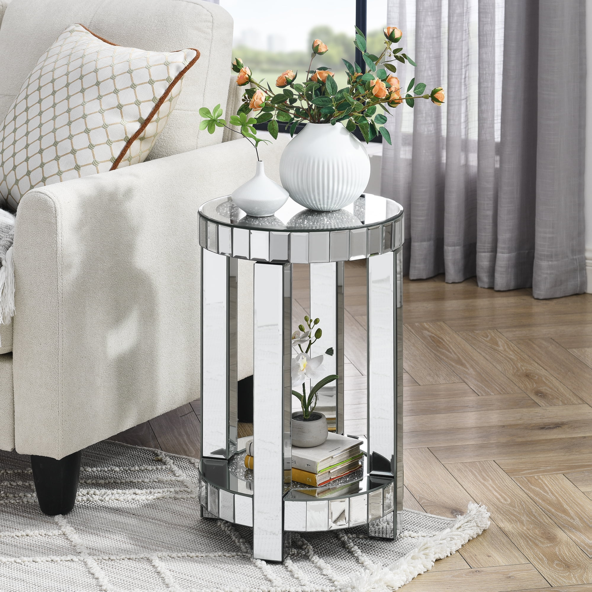 Mirror round table with crystal inlay, 2-layer modern small sofa table ...