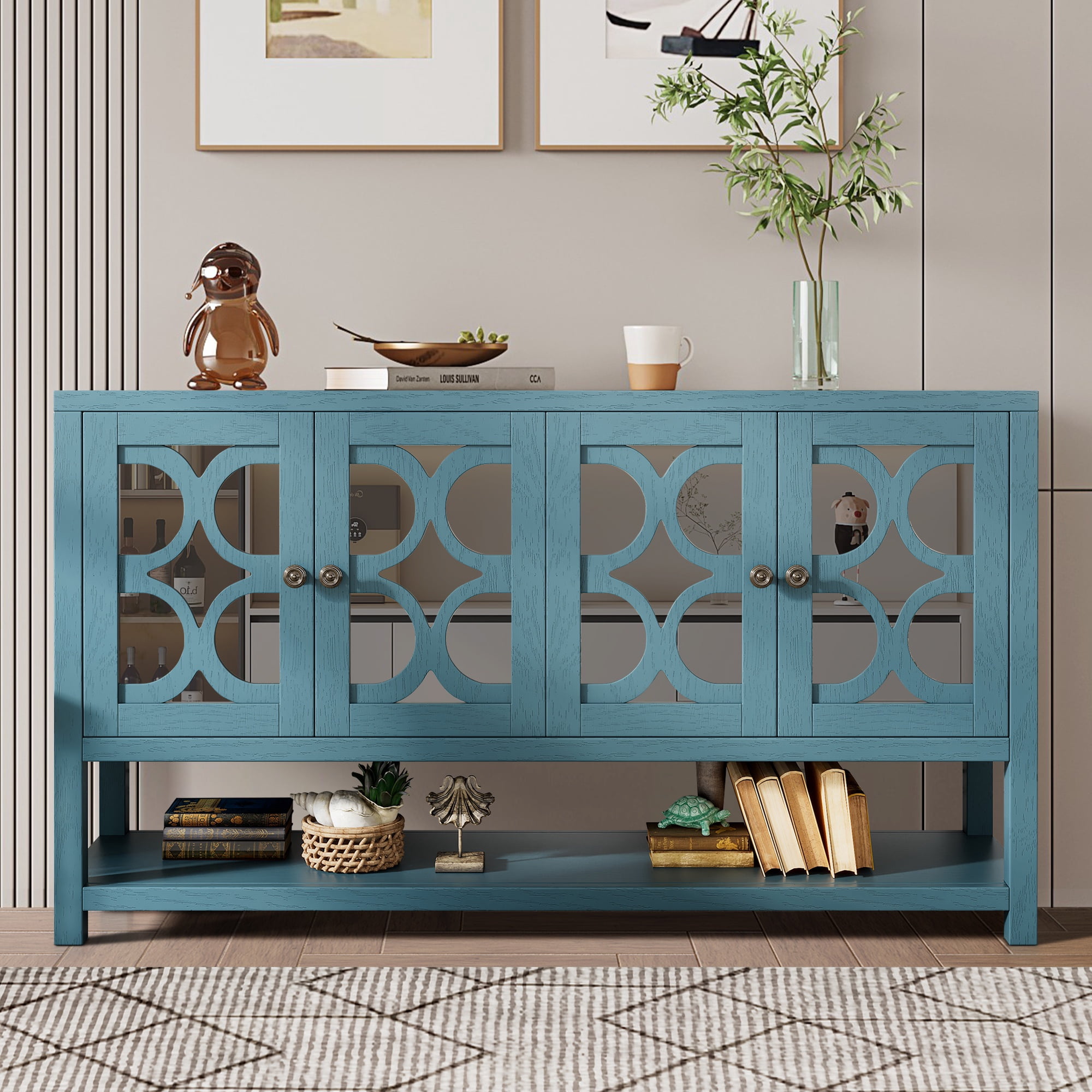 Blue Atumon Buffet Cabinet, Mirrored Accent with 4 Doors, Adjustable ...