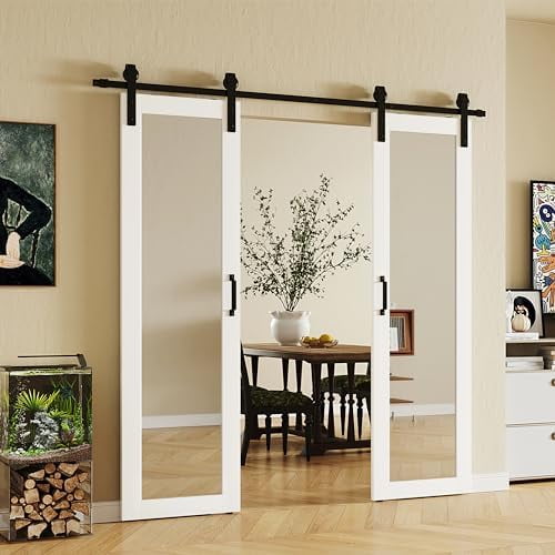 Mirrored Barn Door48in（24inx2） x 84in, 1 Lites Mirror Panel with 8FT ...