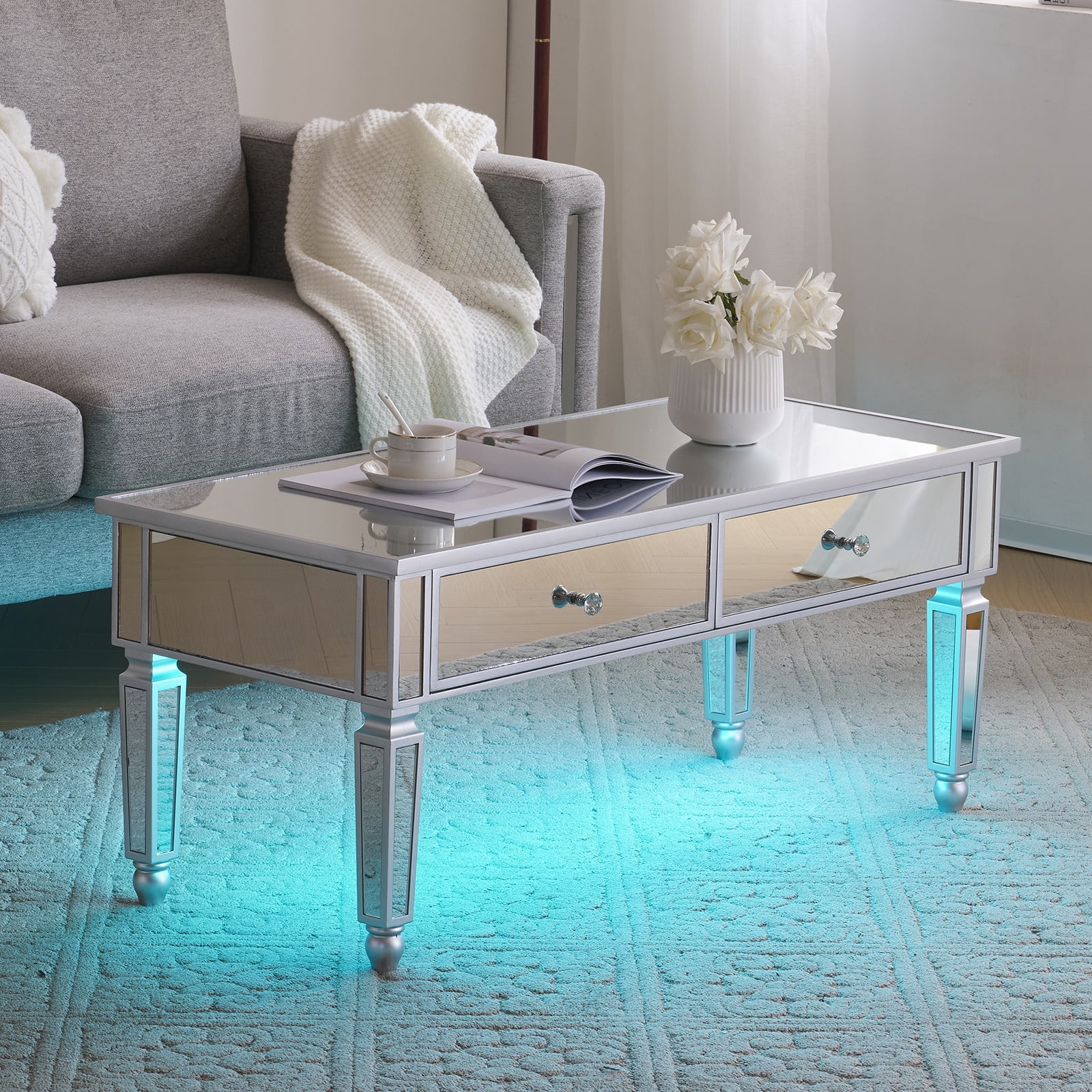 Mirrored Coffee Table with LED Lights and 2 Drawers, Elegant Silver ...