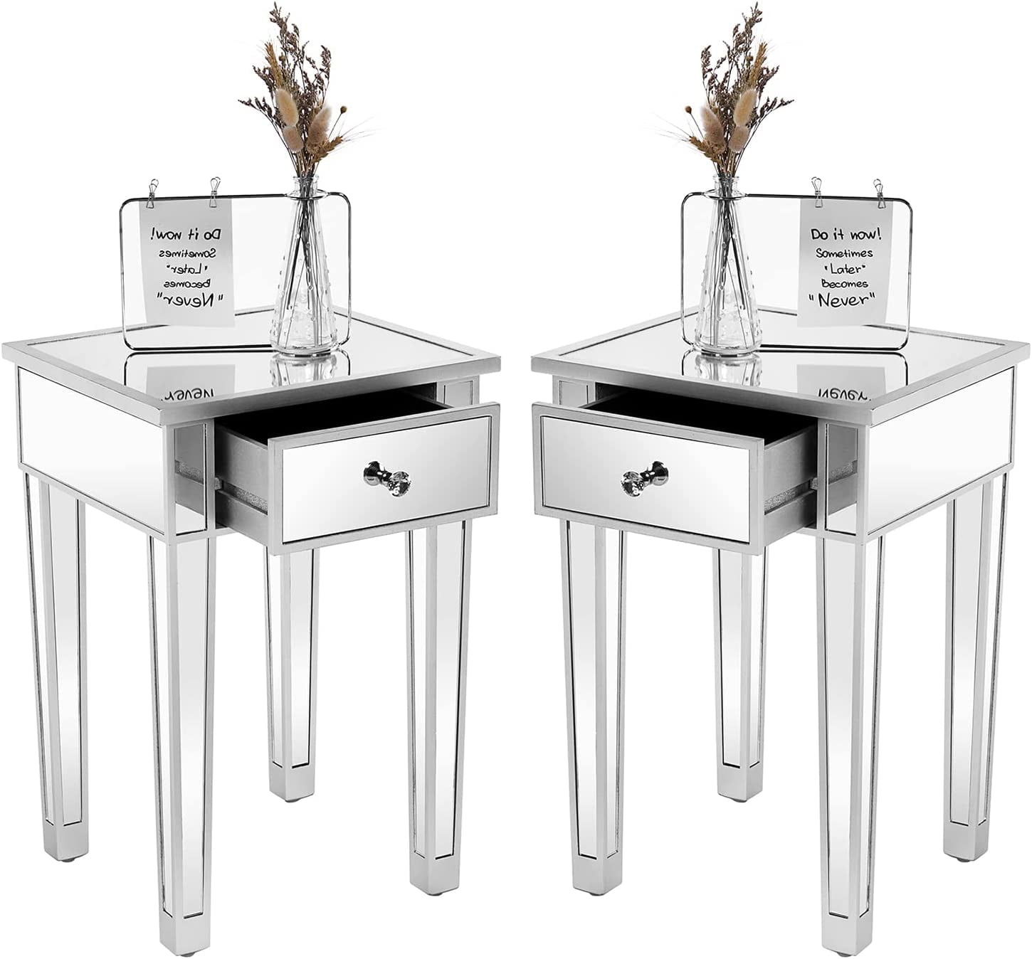 Mirrored End Table with Drawer Silver Modern Nightstand/Bedside/Accent ...