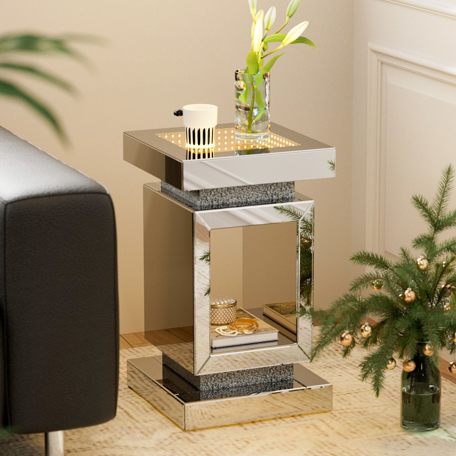 Mirrored End Table with LED Light, Mirrored Nightstand with Crushed ...
