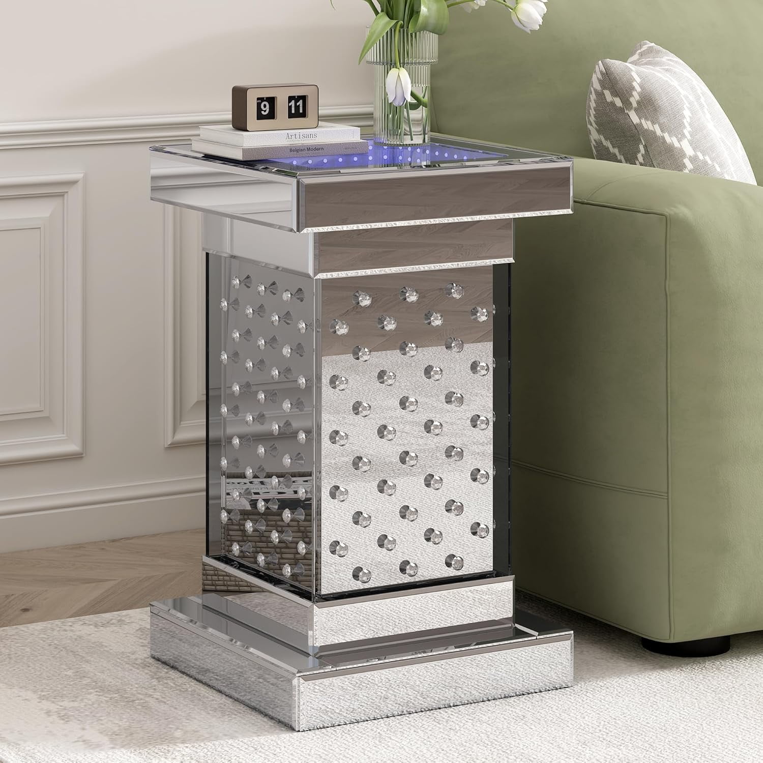 Mirrored End Table with LED Lights, Modern Silver Side Table with ...
