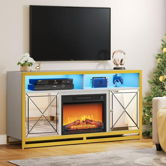 Mirrored Fireplace TV Stand for up to 65 Inch TV, Entertainment Center ...