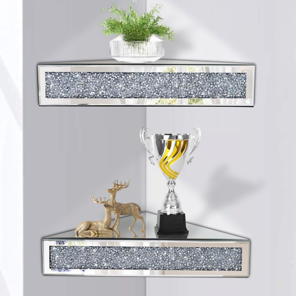 Mirrored Floating Corner Shelf, Silver Mirror Crushed Diamond ...