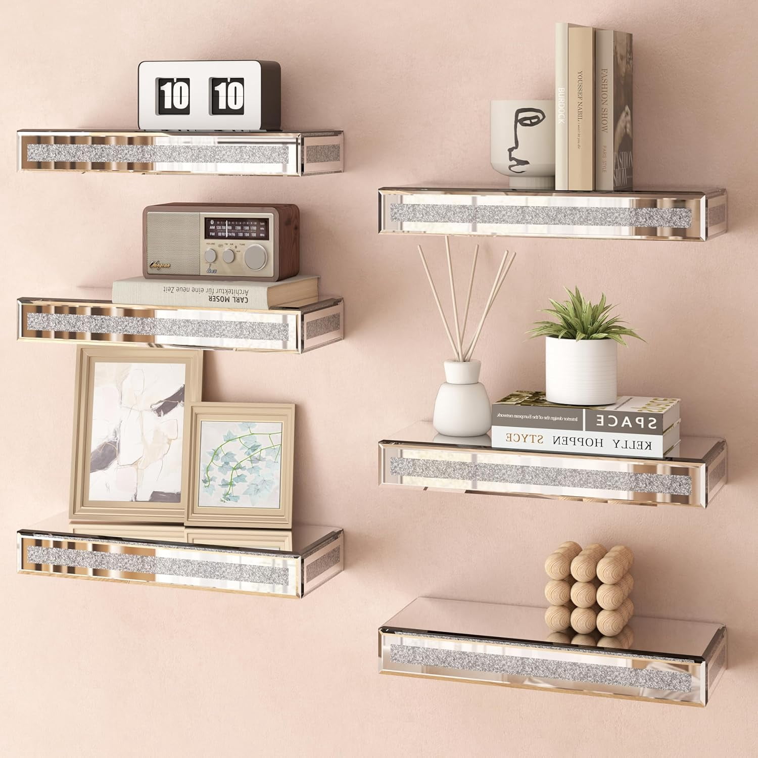 Mirrored Floating Shelves Set of 6 Bling Shelves for Wall Decor Silver ...