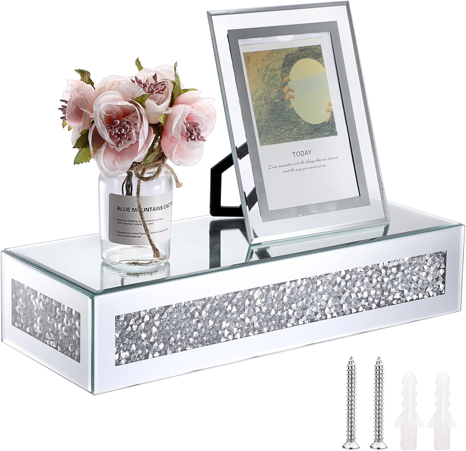 Mirrored Glass Floating Shelf, Decorative Crushed Diamond Wall Shelf ...