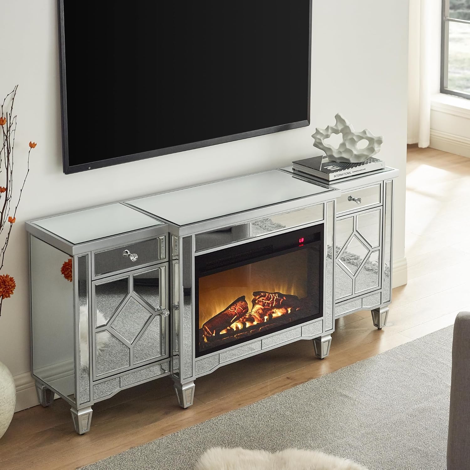 Mirrored Glass TV Stand with Electric Fireplace, 57 inch Media Console ...