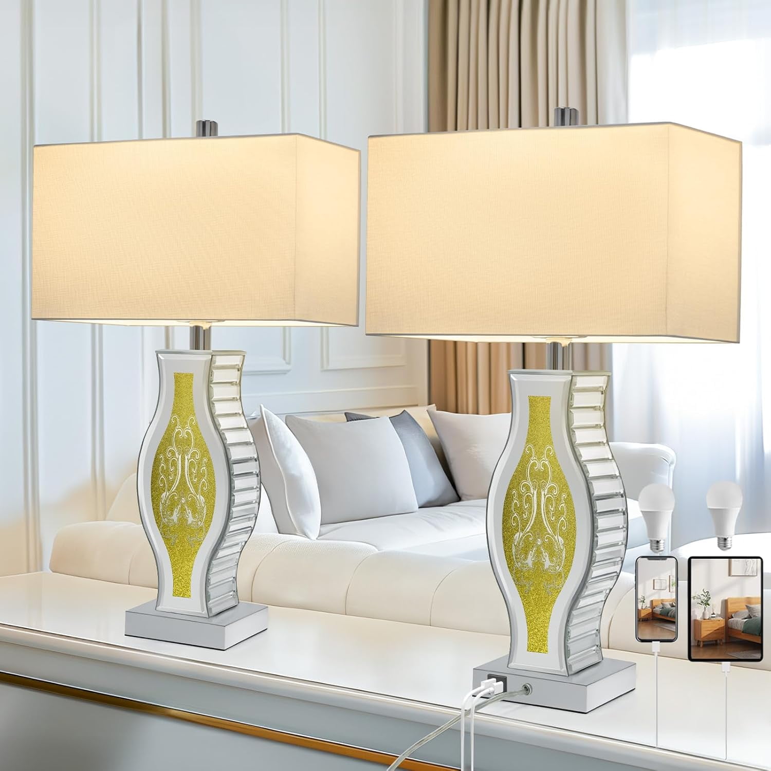 Mirrored Glass Vase Table Lamp Set of 2, Touch Control Bedside Lamp ...