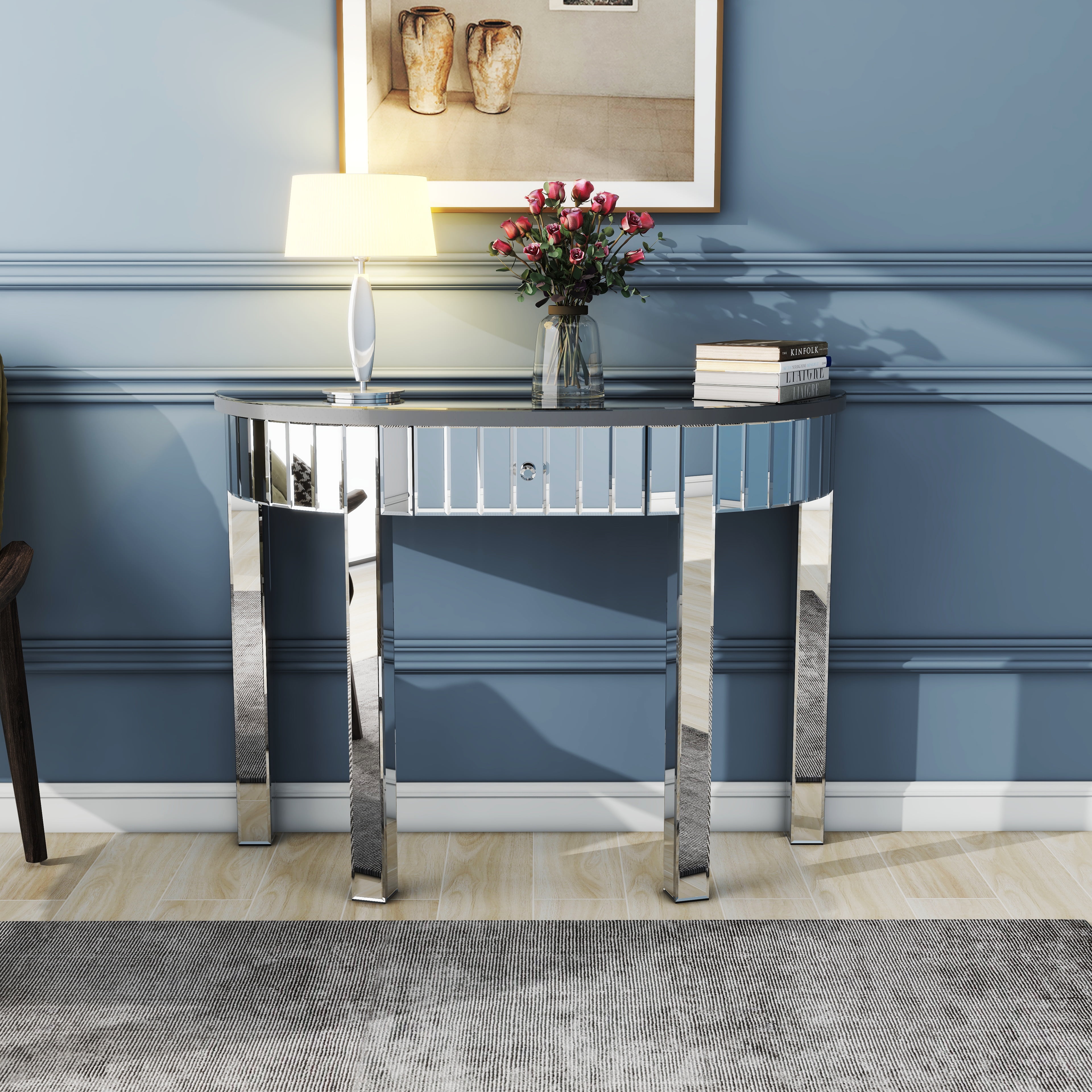Mirrored Half Moon Console Table, HD Glass Entryway Table with 1 Drawer ...