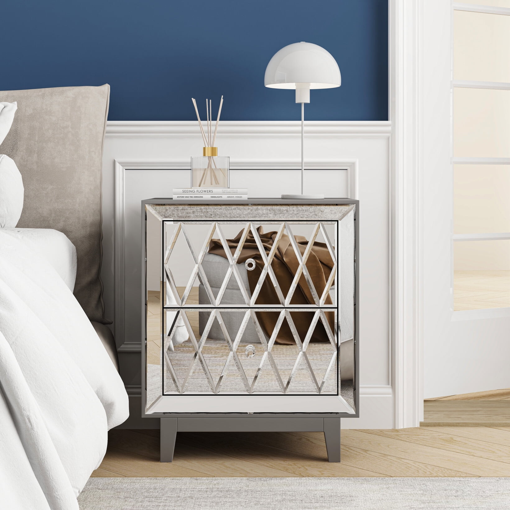 Mirrored Nightstand with 2 Drawers, 22" H Mirror Night Stand with Clear ...