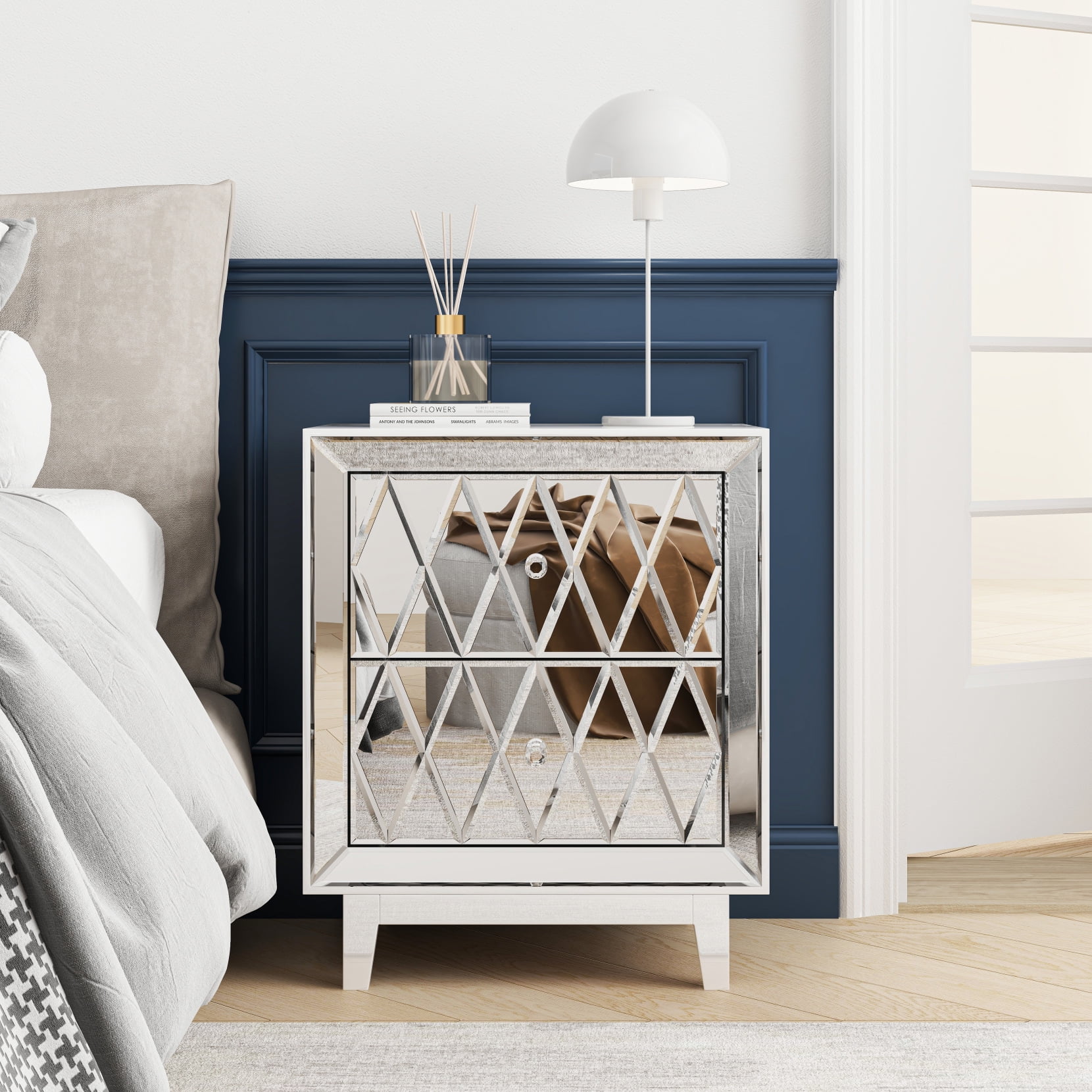 Mirrored Nightstand with 2 Drawers, 22" H Mirror Night Stand with Clear ...