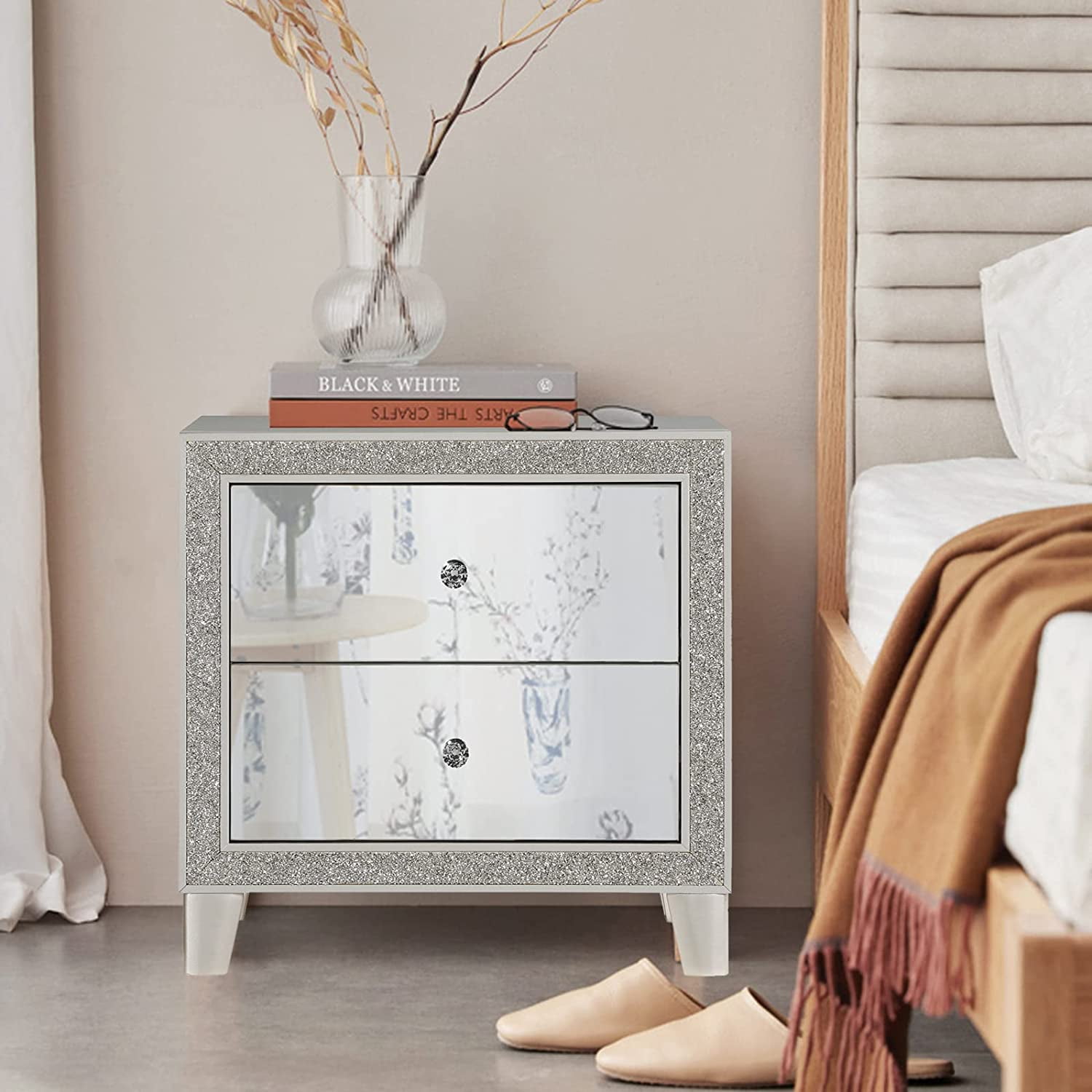 Mirrored Nightstand, Mirror Nightstands, Silver Glass Nightstand With 2 ...