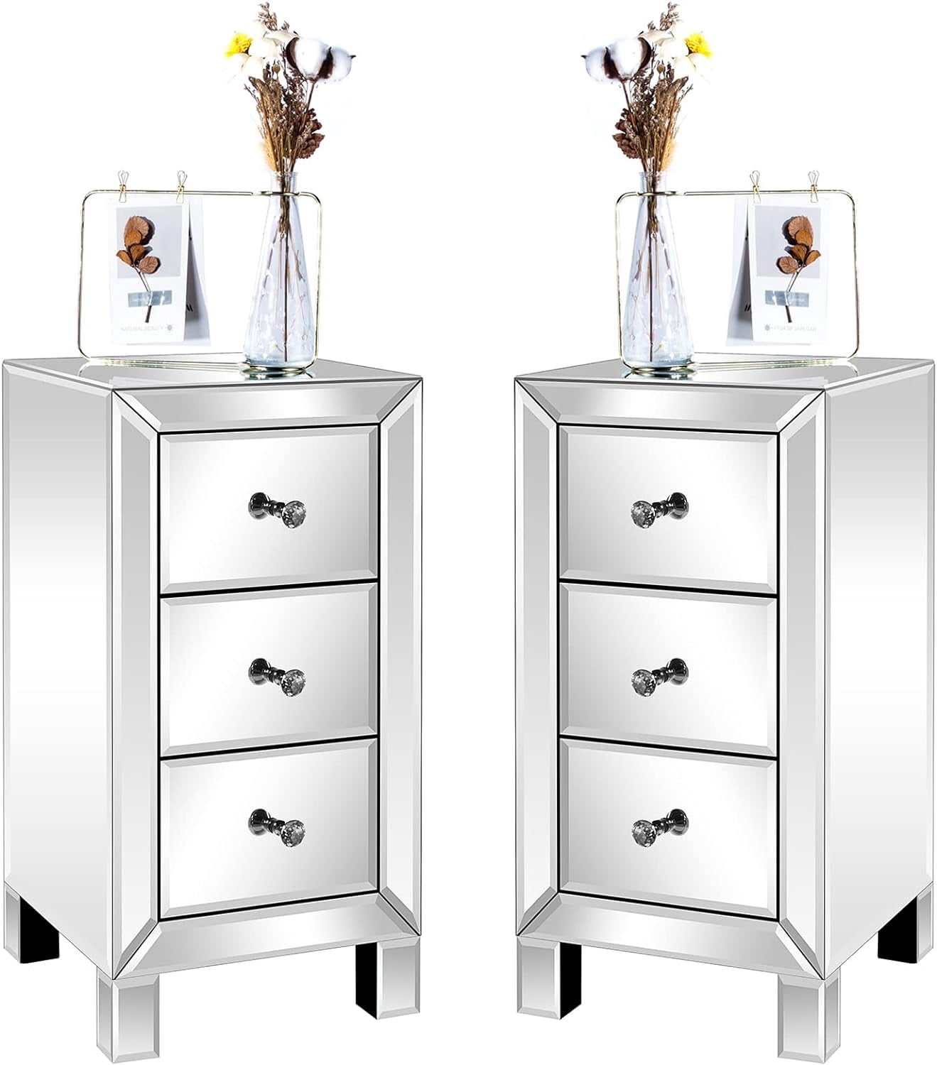 Mirrored Nightstand with 3-Drawers Silver Side End Set of 2 Mirrored ...