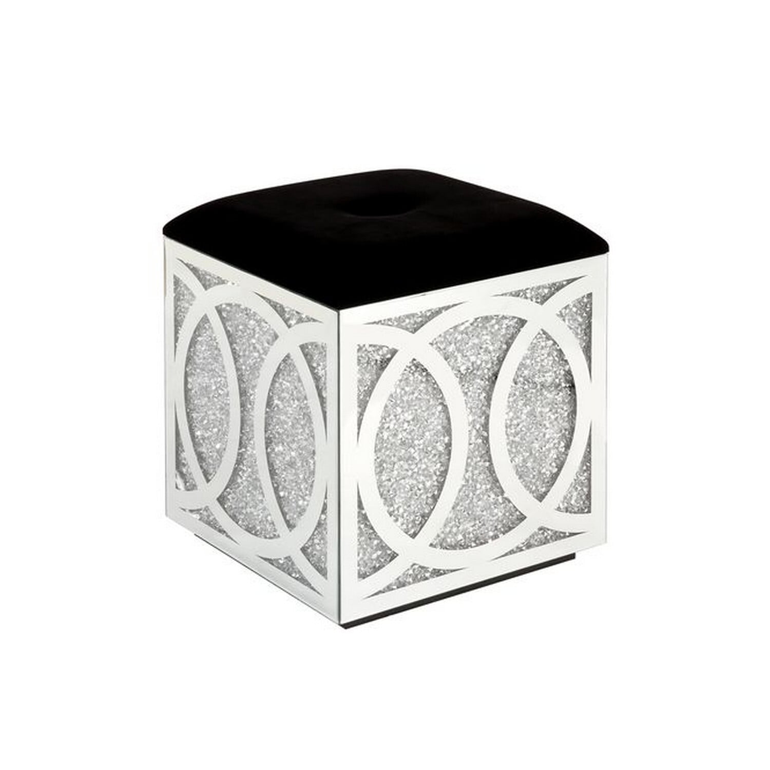 Benjara Mirrored Ottoman with Fabric Seat and Faux Diamonds, Silver ...