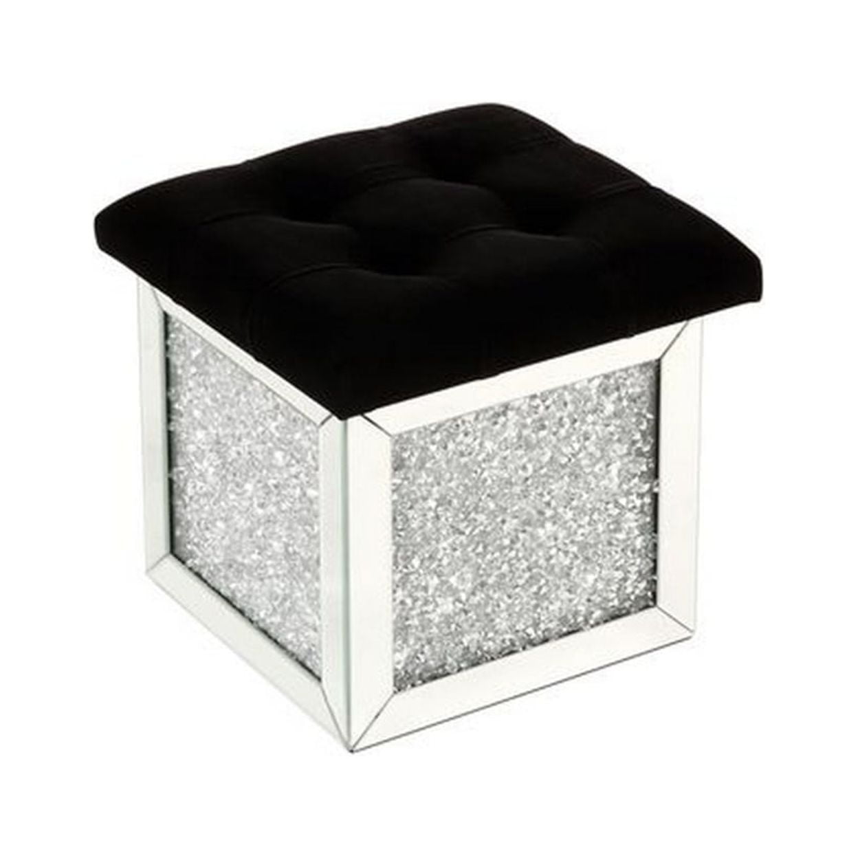 Mirrored Ottoman with Tufted Seat and Faux Diamonds, Silver - Saltoro ...