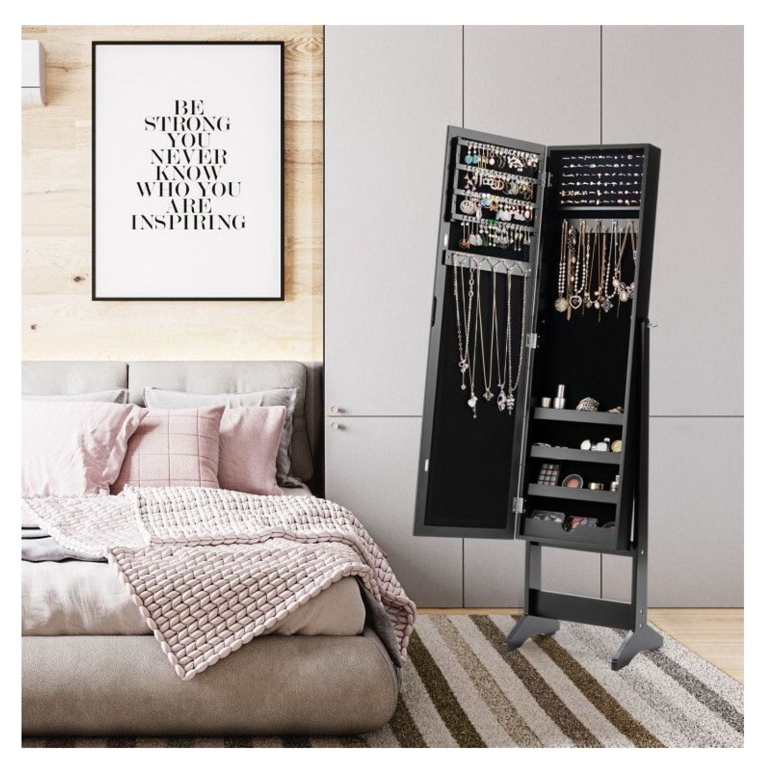 Mirrored Standing Jewelry Cabinet Storage Box Black - Walmart.com