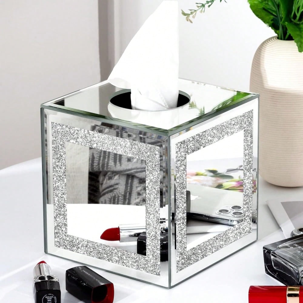 Mirrored Tissue Box Cover Holder, Square Glass Facial Tissue Holder ...