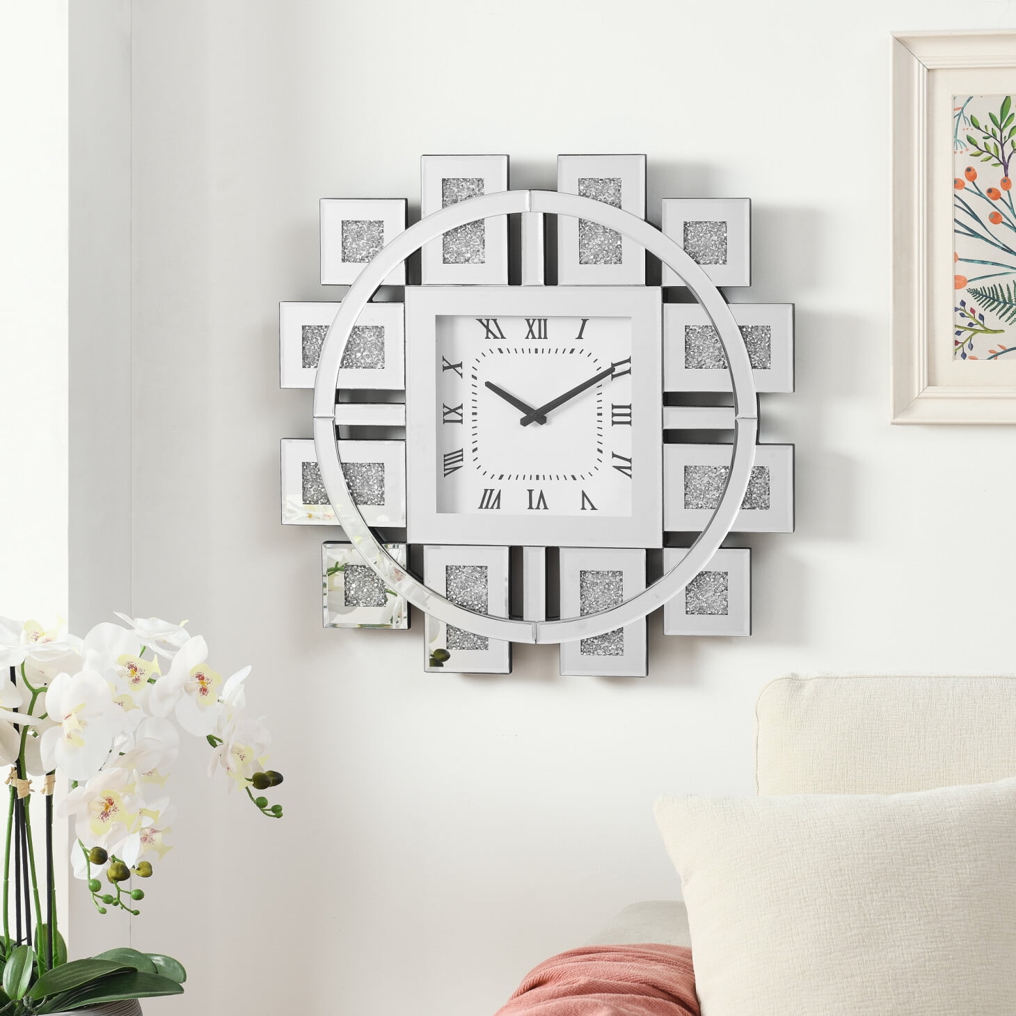 Mirrored Wall Clock with Faux Gemstones Accents for Living Room Bedroom ...