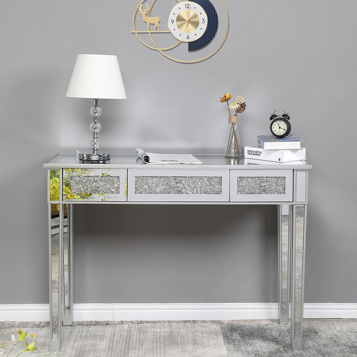 Mirrored desk with drawers, console table mirror sofa table with crystal inlay front for living ...