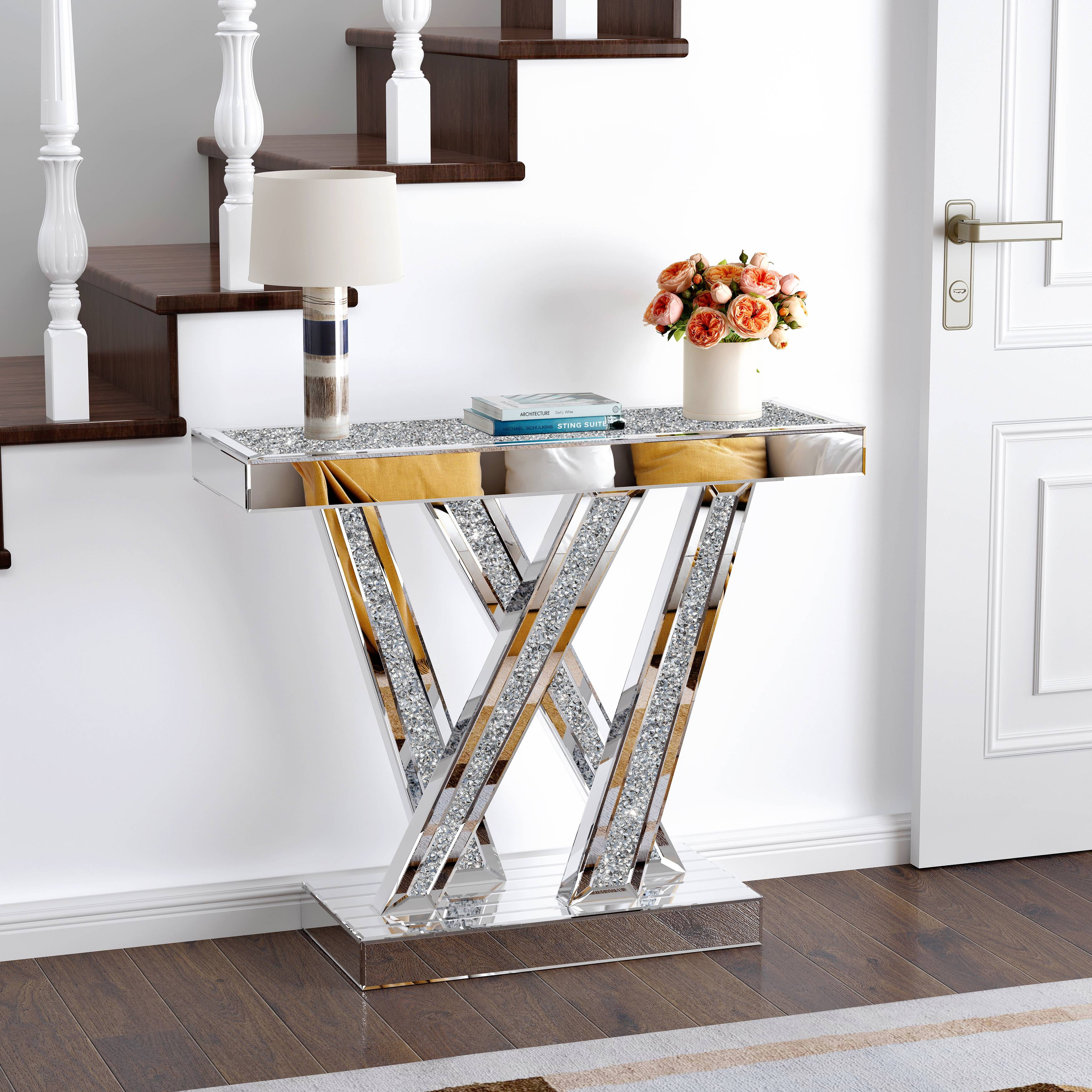 Mirrors Console Table Glam Style W-Shape Silver Entryway Table with ...