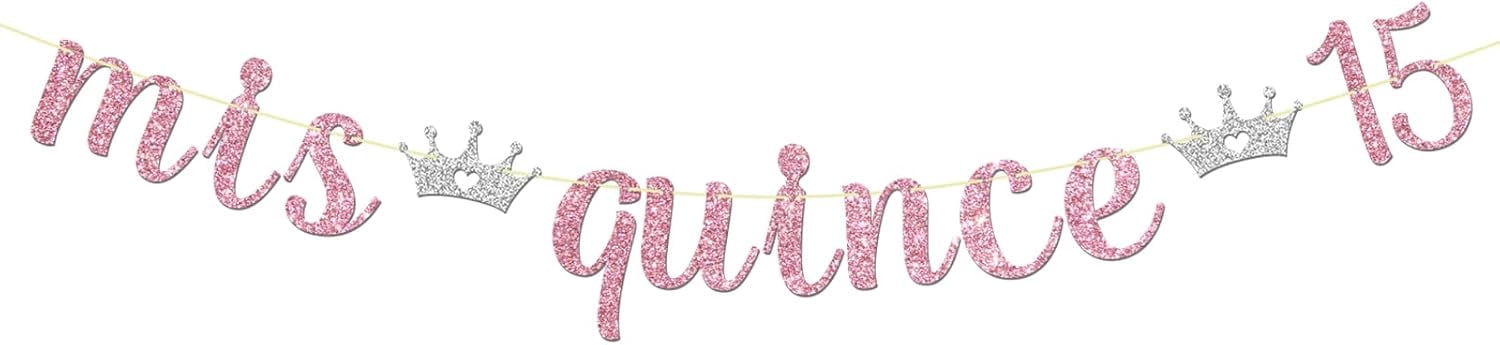 Mis Quince 15 Pink Glitter Cursive Banner with Silver Crown Cutouts ...