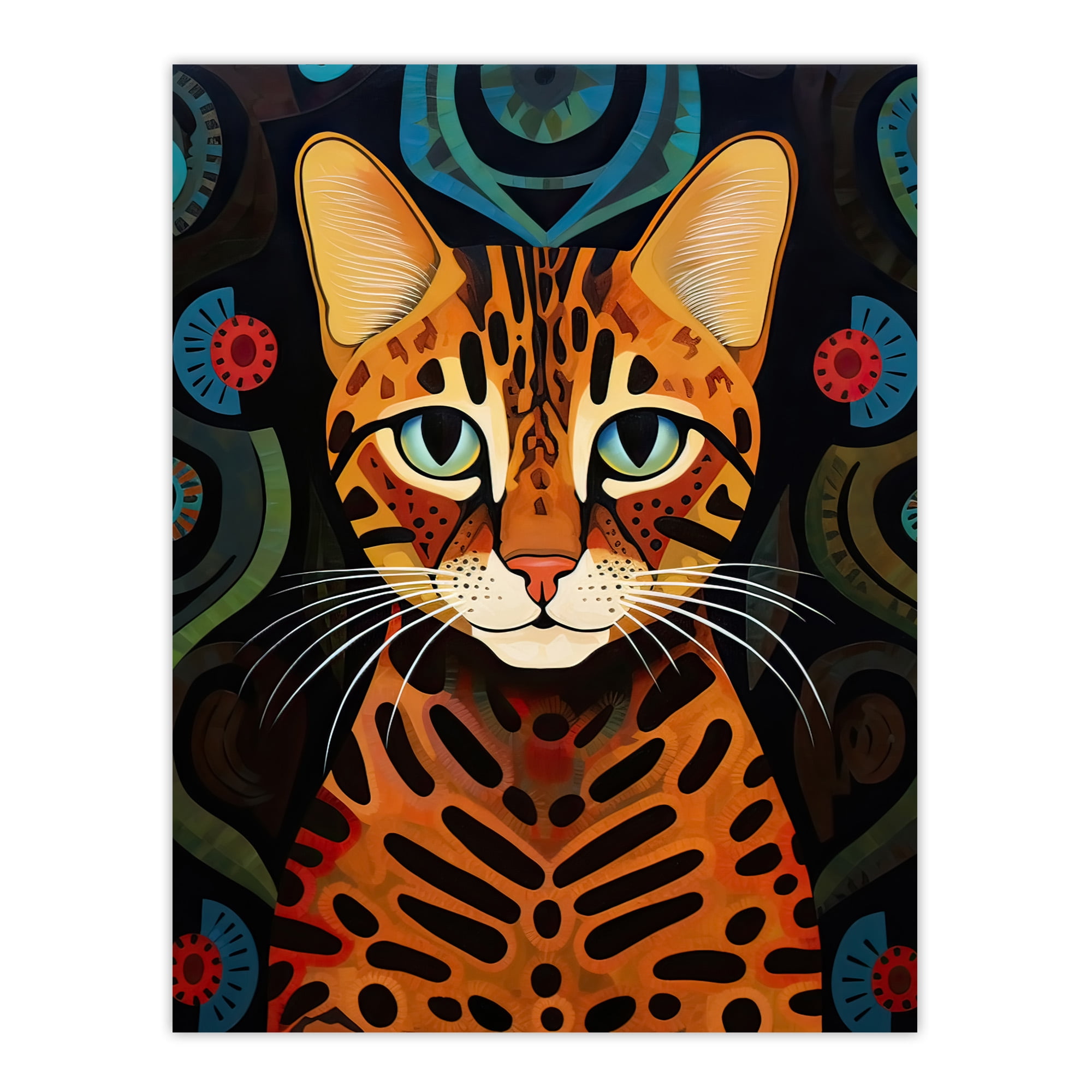 Mischievous Bengal Cat Orange Blue Green Oil Painting with Abstract ...