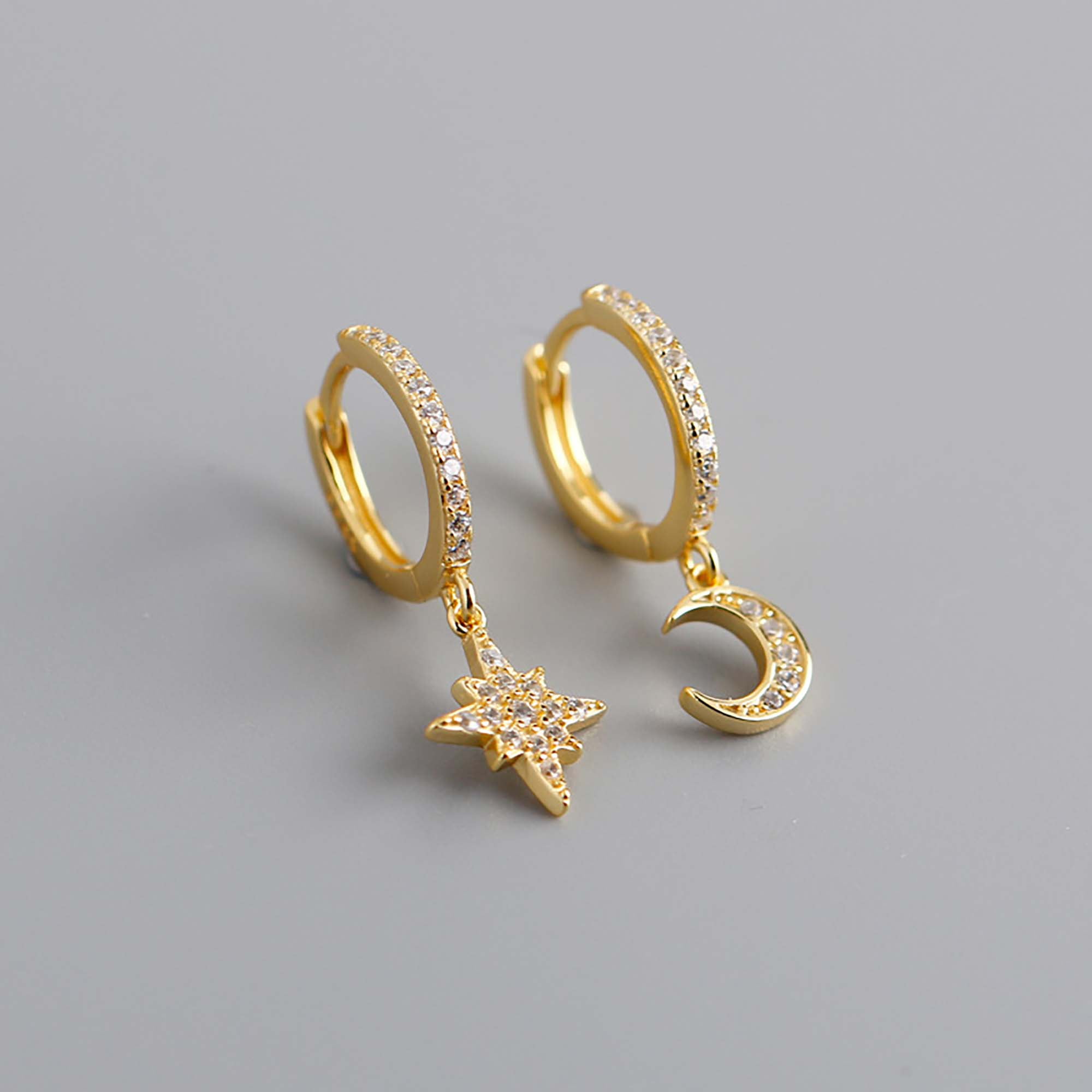 Mismatched Star Moon Hoop Earrings,Pave CZ Diamond Earrings, Gold, Silver, Huggie Earrings,Night ...