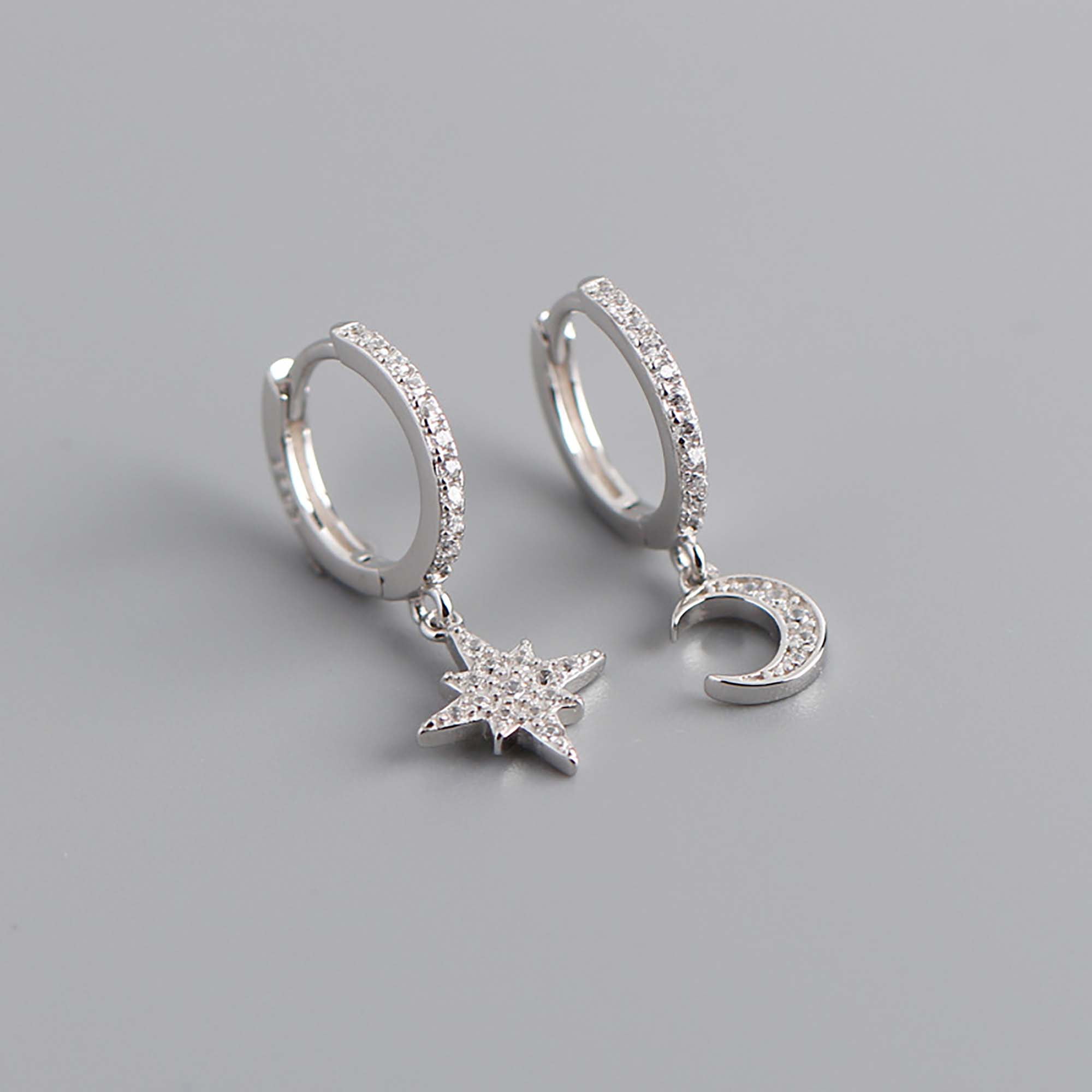 Mismatched Star Moon Hoop Earrings,Pave CZ Diamond Earrings, Gold, Silver, Huggie Earrings,Night ...