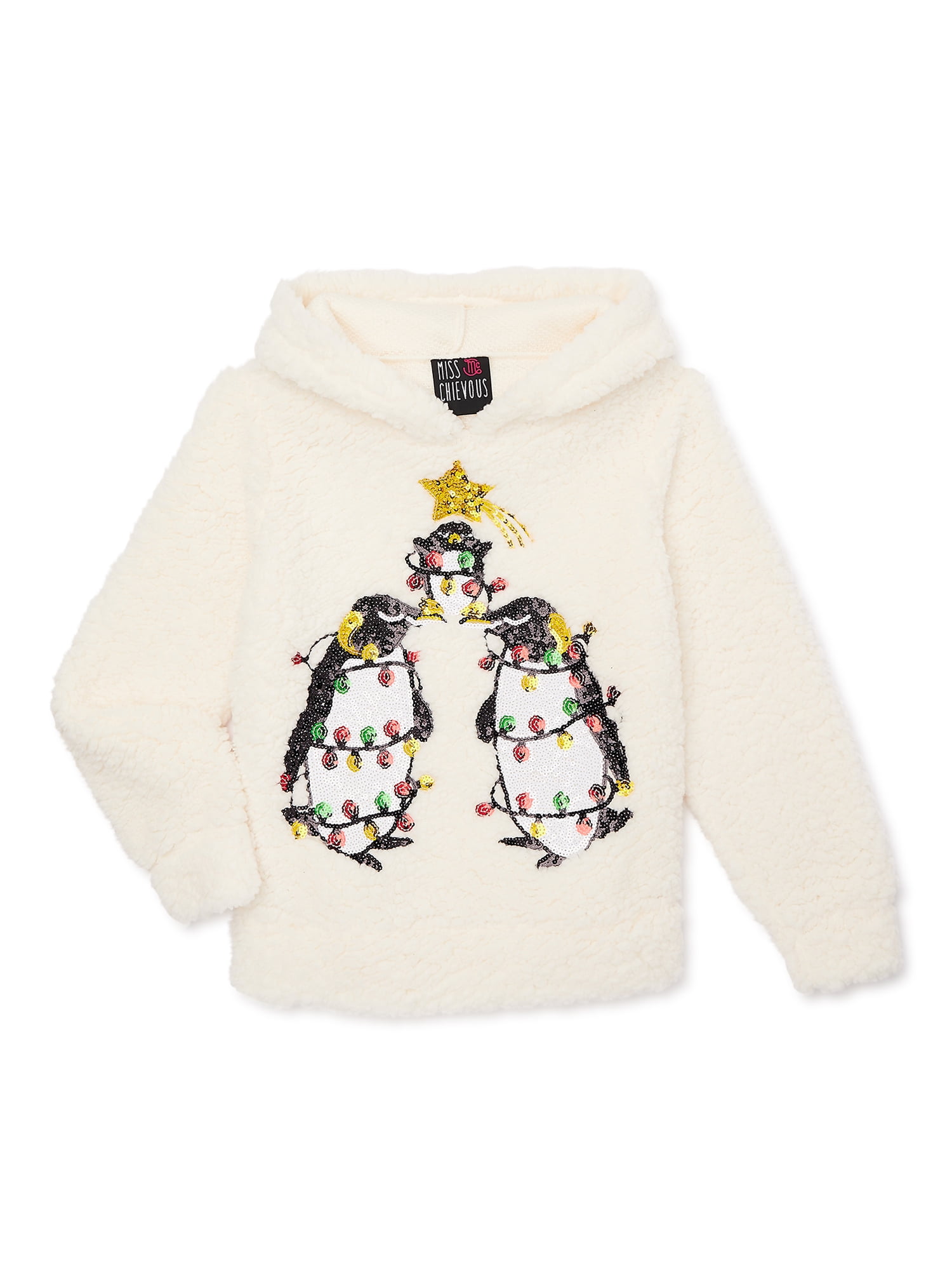 Miss Chievous Girls Sequin Critter Plush Faux Sherpa Pullover Hoodie ...