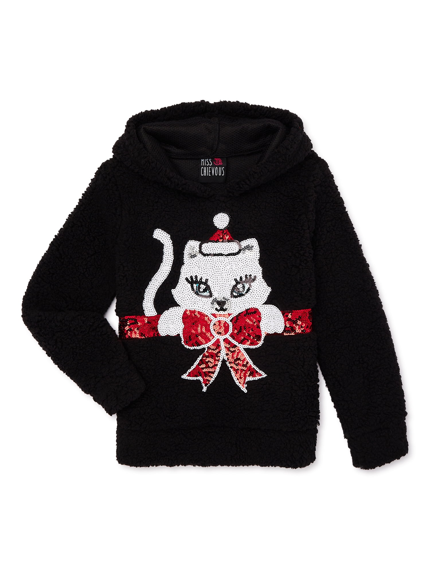 Miss Chievous Girls Sequin Critter Plush Faux Sherpa Pullover Hoodie ...